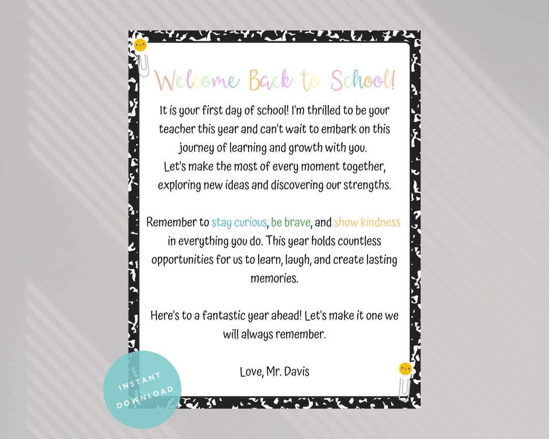 First Day of School Letter Printable, Welcome Letter to Student ...