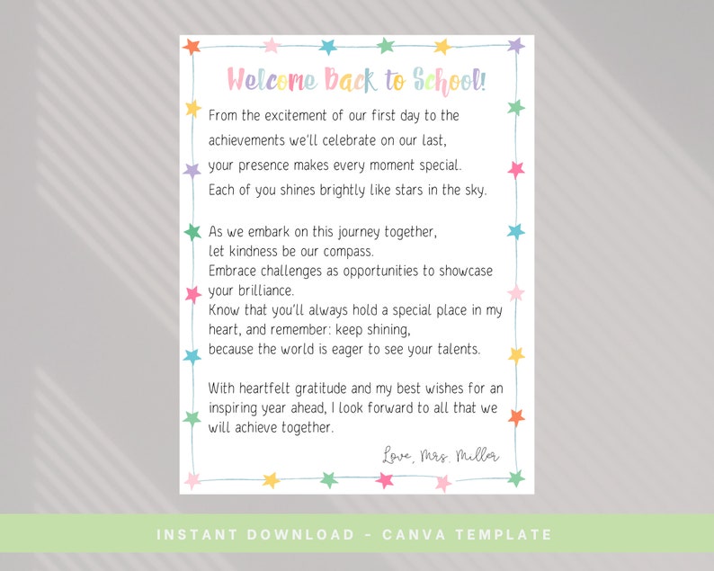 Printable First Day of School Letter, Welcome Letter to Students, Gift ...