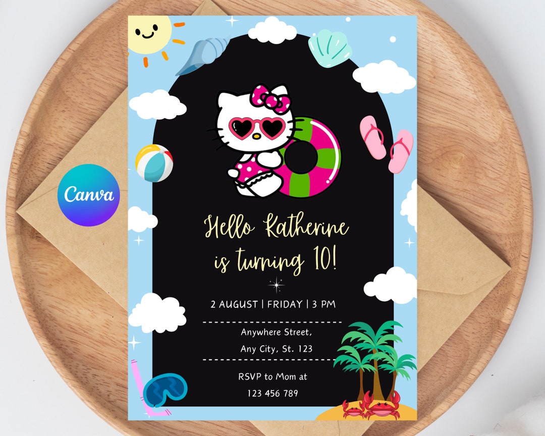 Kitty Pool Party Invitation, Kawaii Summer Party, Swimming Party Invite ...