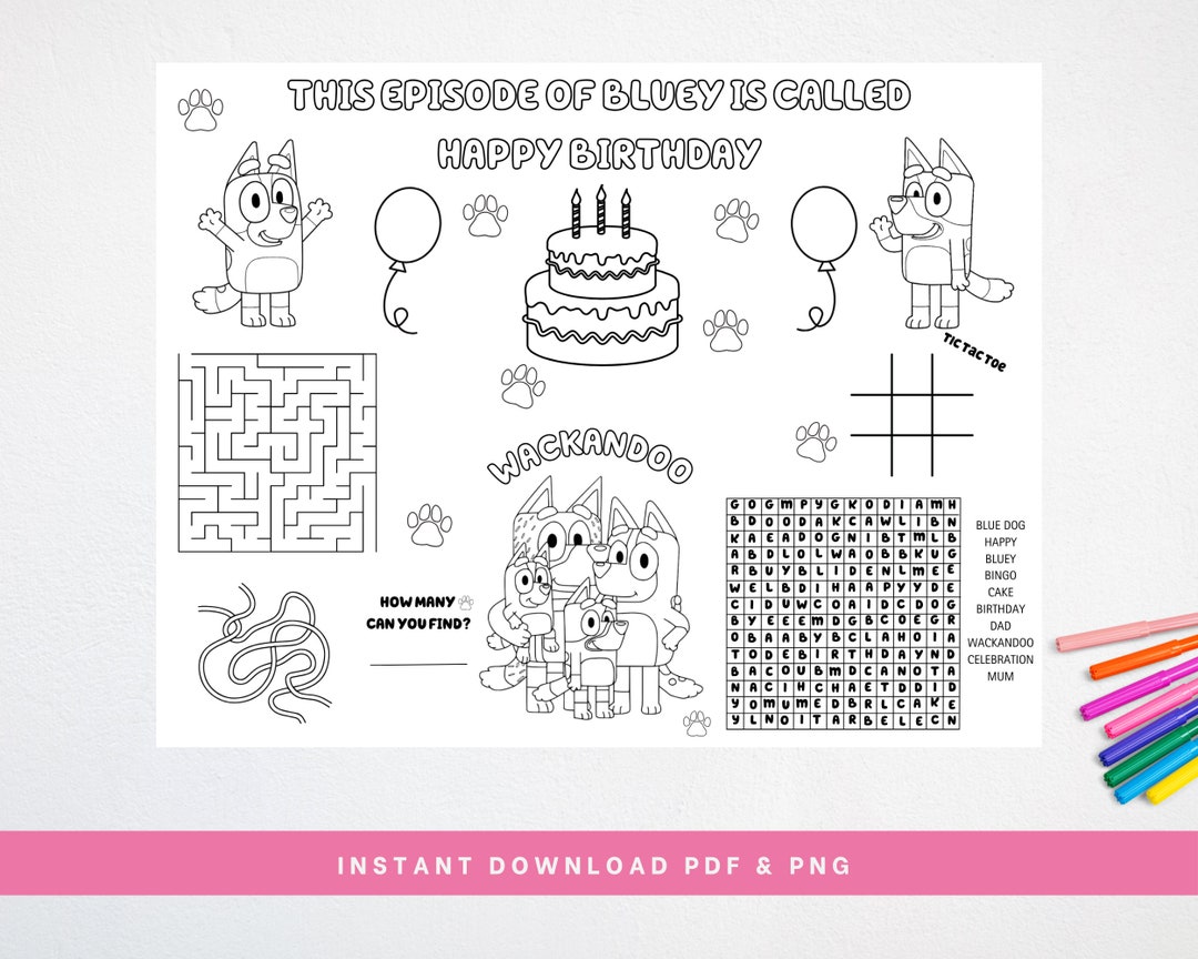 Bluey Birthday Party Activity Page, Bluey Placemat, Blue Dog Activity ...