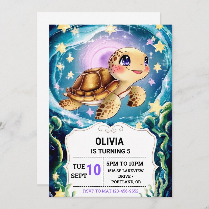 Watercolor Turtle Birthday Invitation Template, Editable Turtle ...