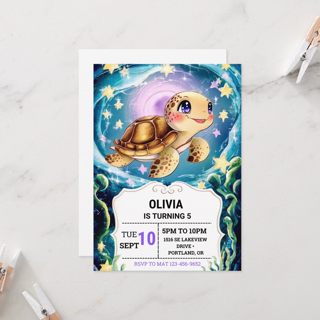 Watercolor Turtle Birthday Invitation Template, Editable Turtle ...
