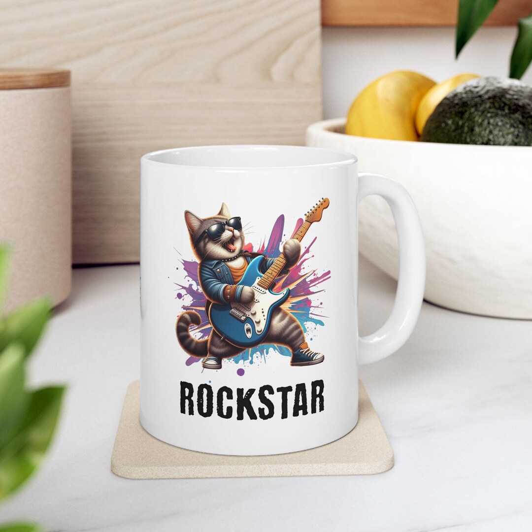 Cat Mug Rock Music Cat Rockstar Cat Coffee Cup Funny Cat Lover Gift Cat ...