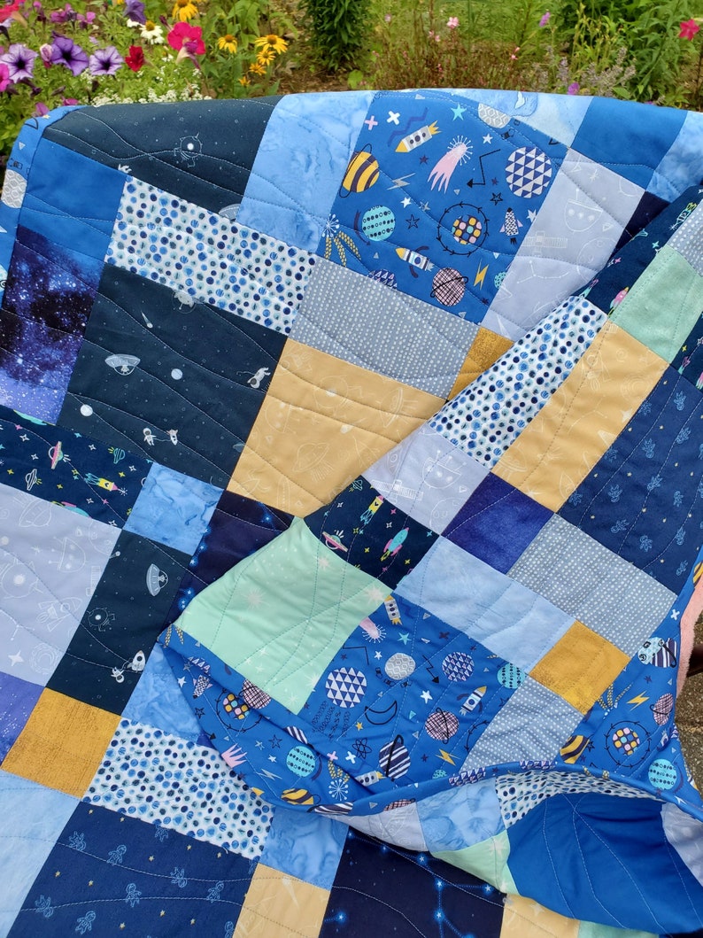 Handmade Outer Space Themed Baby Quilt in Blue, Green, Grey and Yellow ...