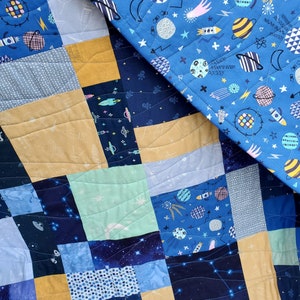 Handmade Outer Space Themed Baby Quilt in Blue, Green, Grey and Yellow ...
