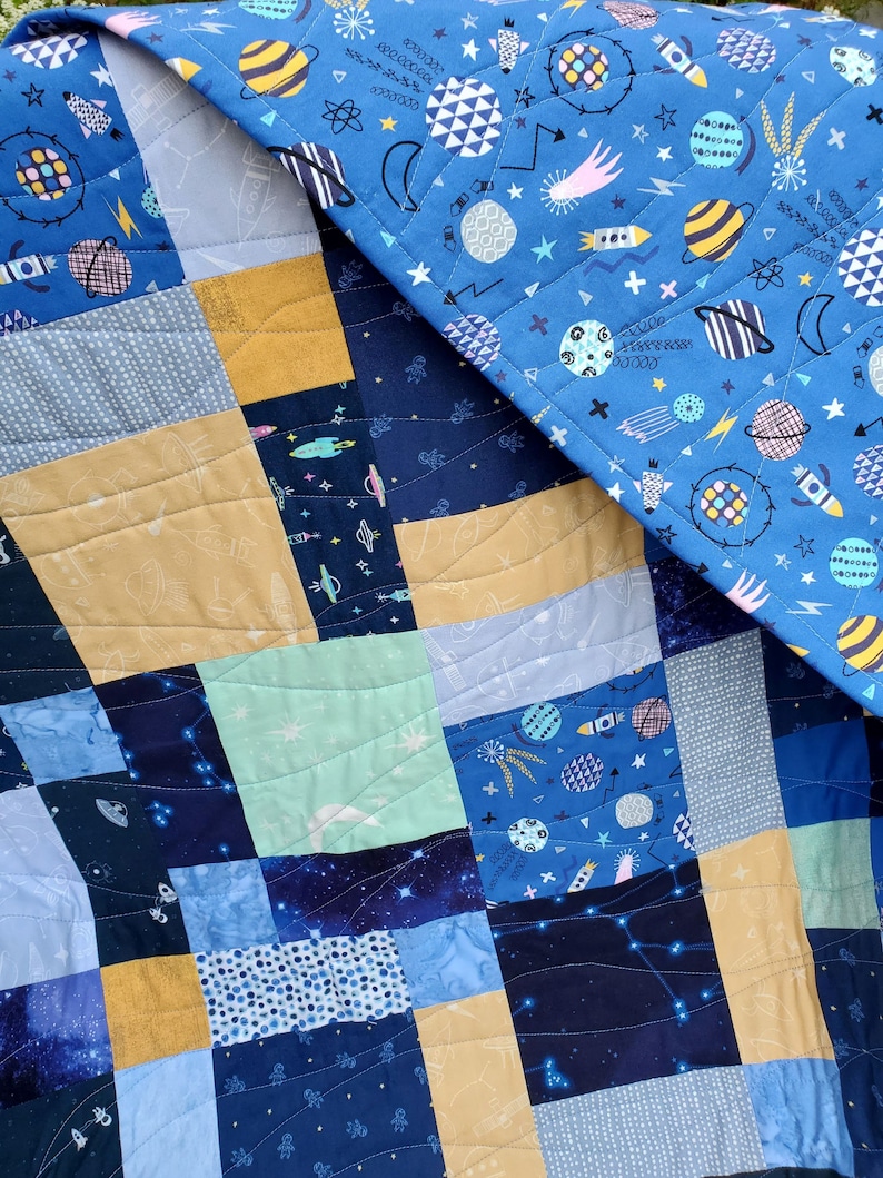 Handmade Outer Space Themed Baby Quilt in Blue, Green, Grey and Yellow, All Cotton, Machine ...