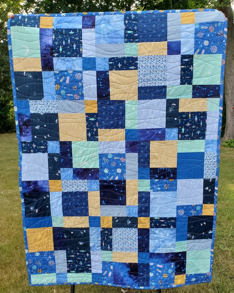 Handmade Outer Space Themed Baby Quilt in Blue, Green, Grey and Yellow ...