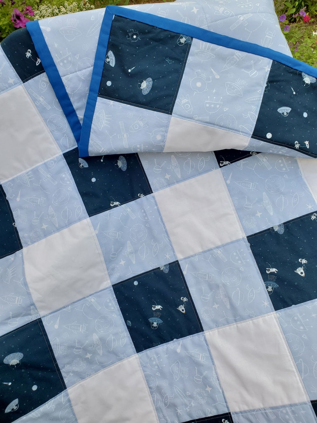 Refreshed Buffalo Plaid Baby / Toddler Quilt With Space Theme in Navy ...