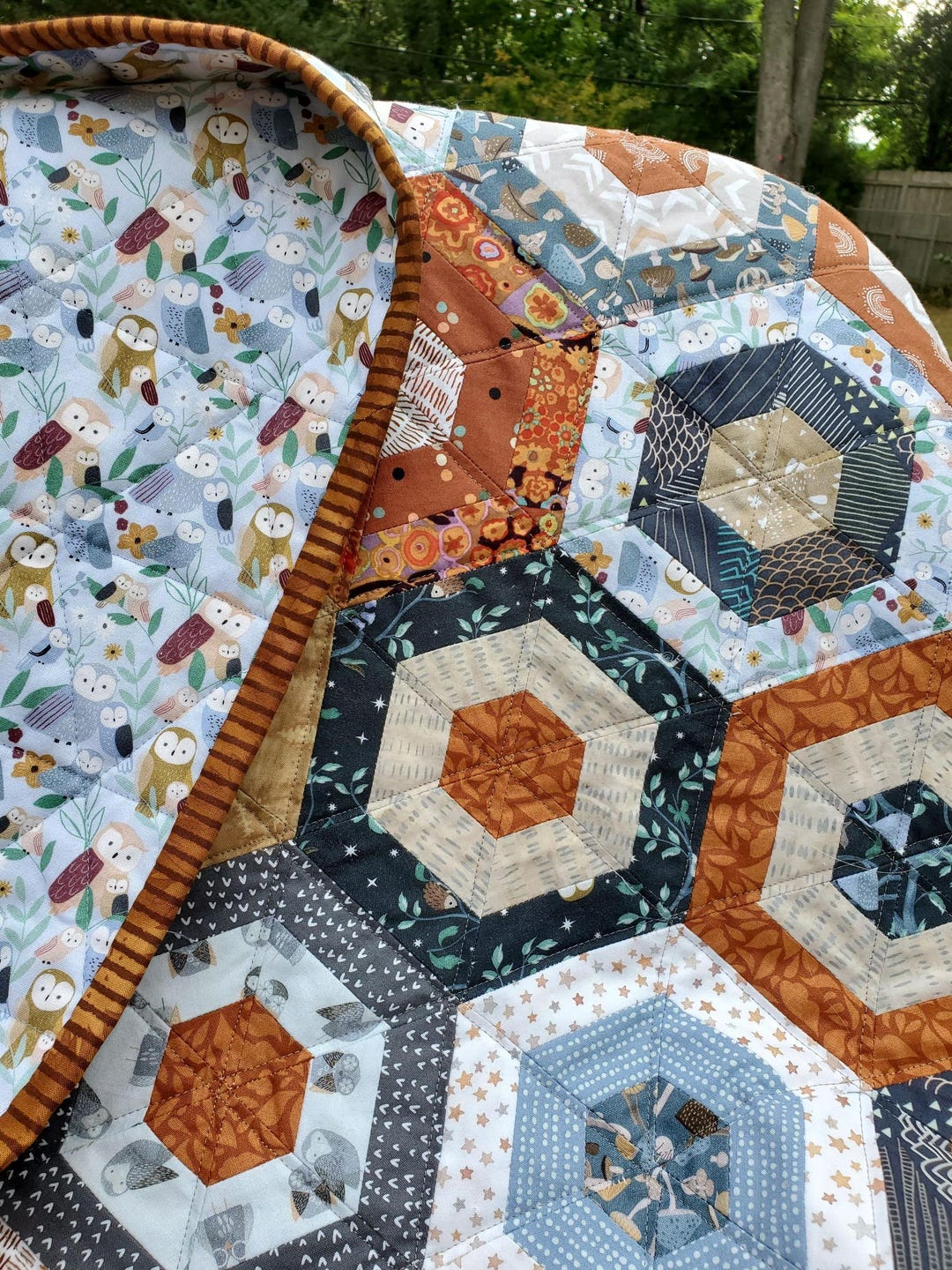 Owl Themed Baby Quilt in a Hexagon Pattern in Neutral Shades of Brown ...