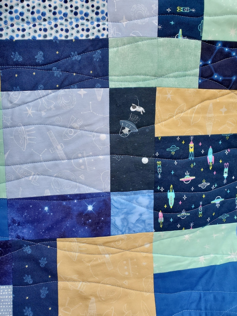 Handmade Outer Space Themed Baby Quilt in Blue, Green, Grey and Yellow, All Cotton, Machine ...