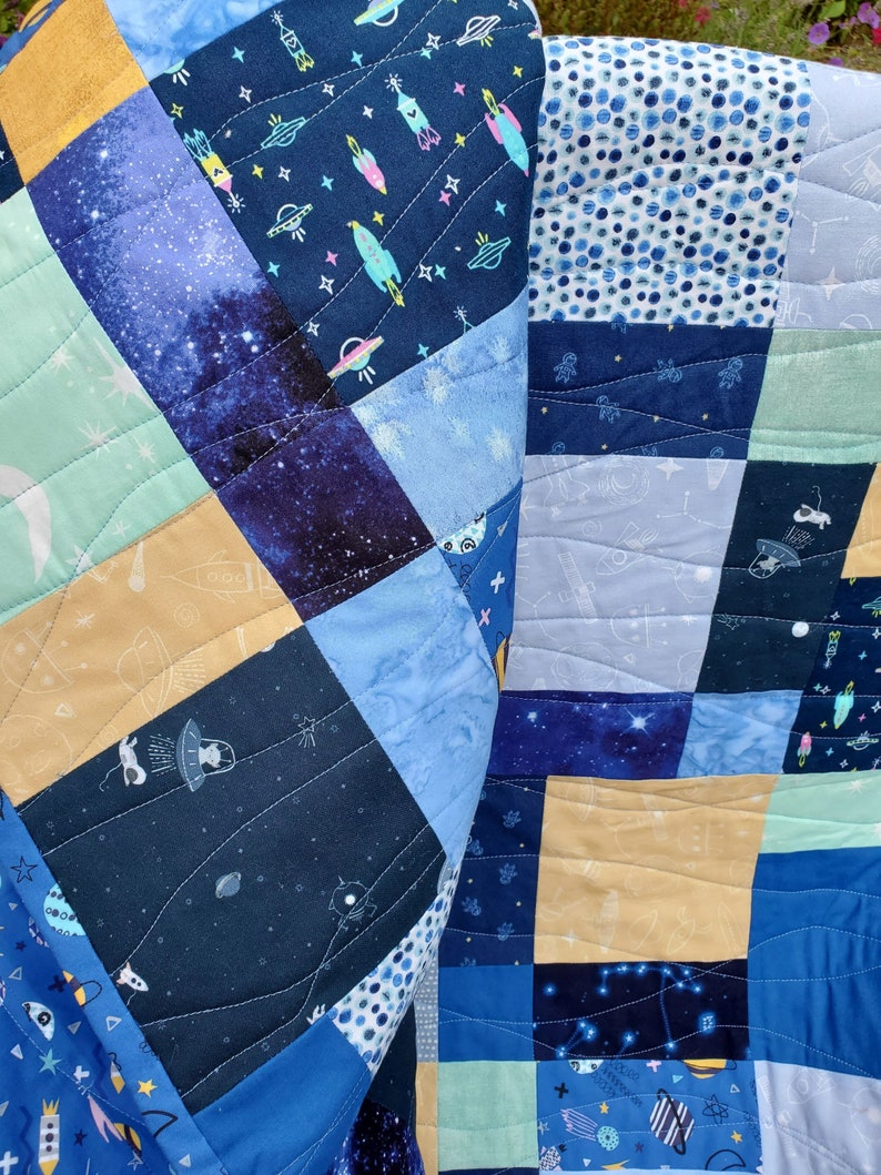 Handmade Outer Space Themed Baby Quilt in Blue, Green, Grey and Yellow ...