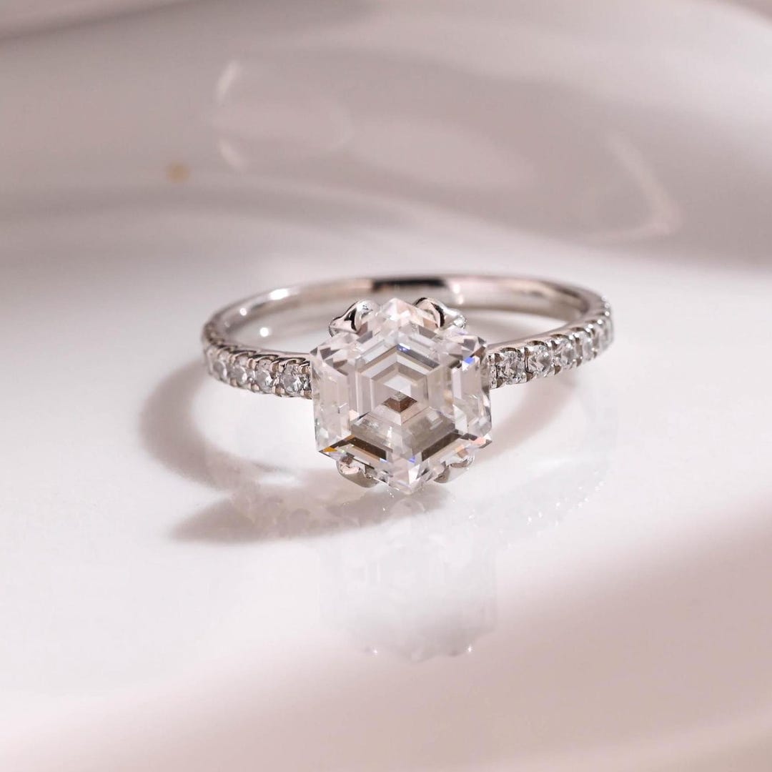 Solid Gold Lotus Setting Hexagon Cut Moissanite Engagement Ring, Pave ...