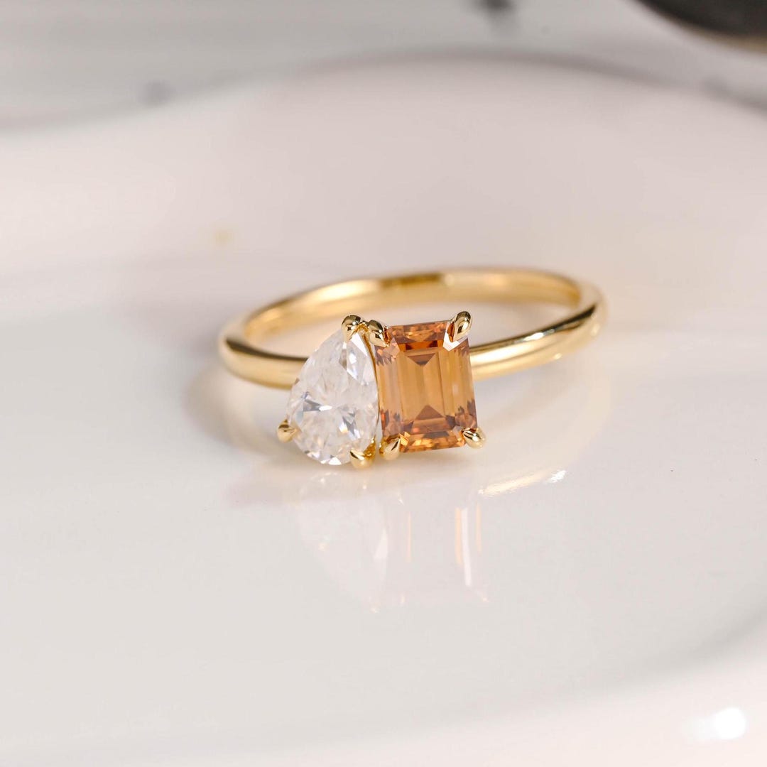 Solid Gold Champane Emerald Cut & Pear Cut Moissanite Engagement Ring ...