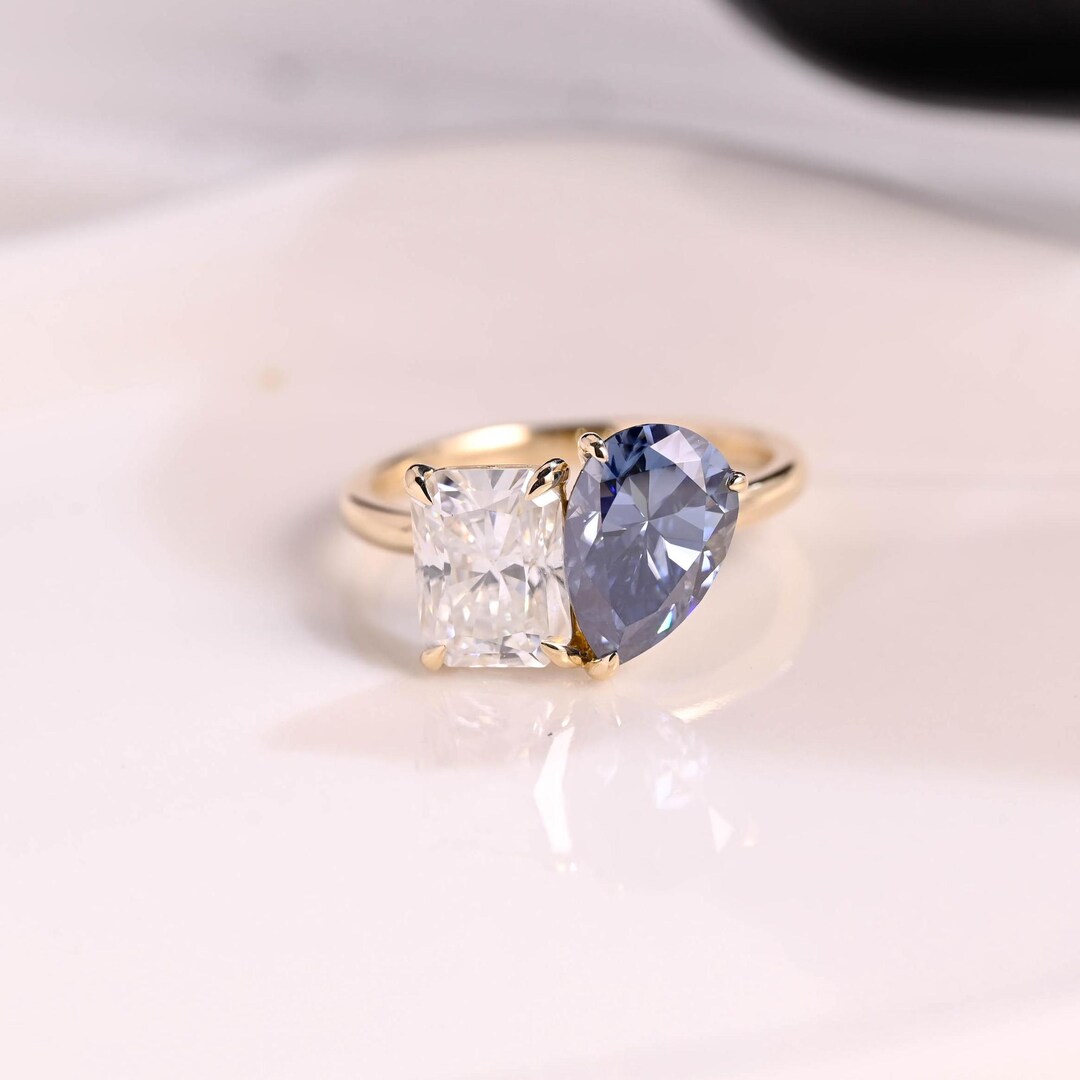 Solid Gold Toi Et Moi Radiant & Pear Moissanite Engagement Ring, Blue ...