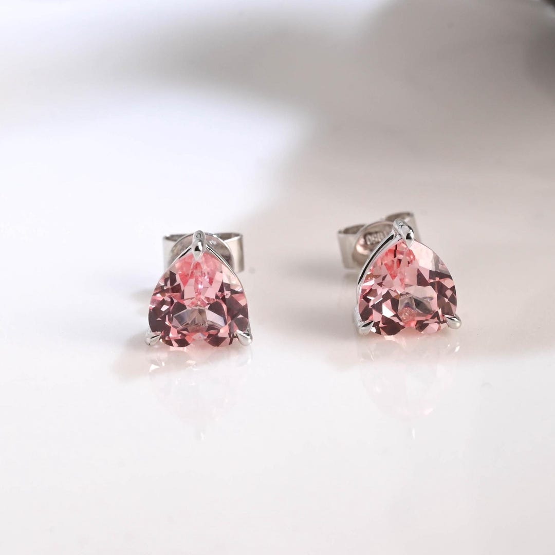 Solid Gold Solitaire Heart Cut Pink Sapphire Earring Studs Push Backs ...