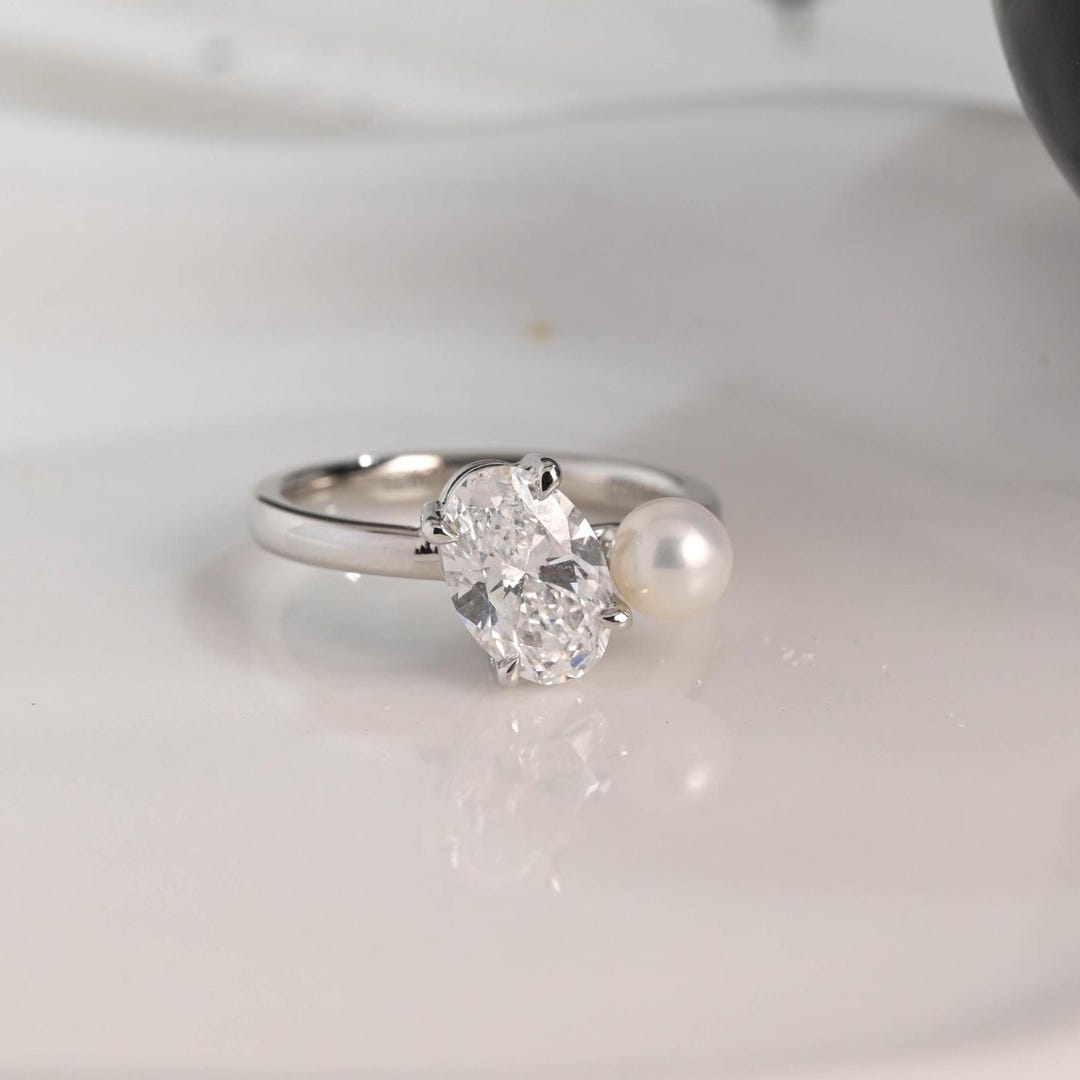 Solid Gold Oval Cut Diamond Engagement Ring, Toi Et Moi Ring, Pearl ...