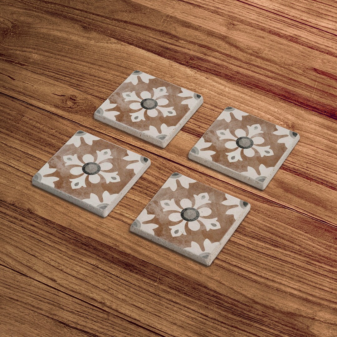 Beige Tile Stone Coaster Set, Mexican Talavera Wood Coasters, Moroccan ...