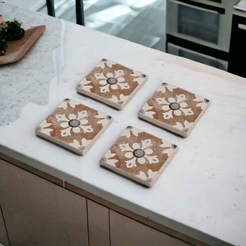 Beige Tile Stone Coaster Set, Mexican Talavera Wood Coasters, Moroccan ...