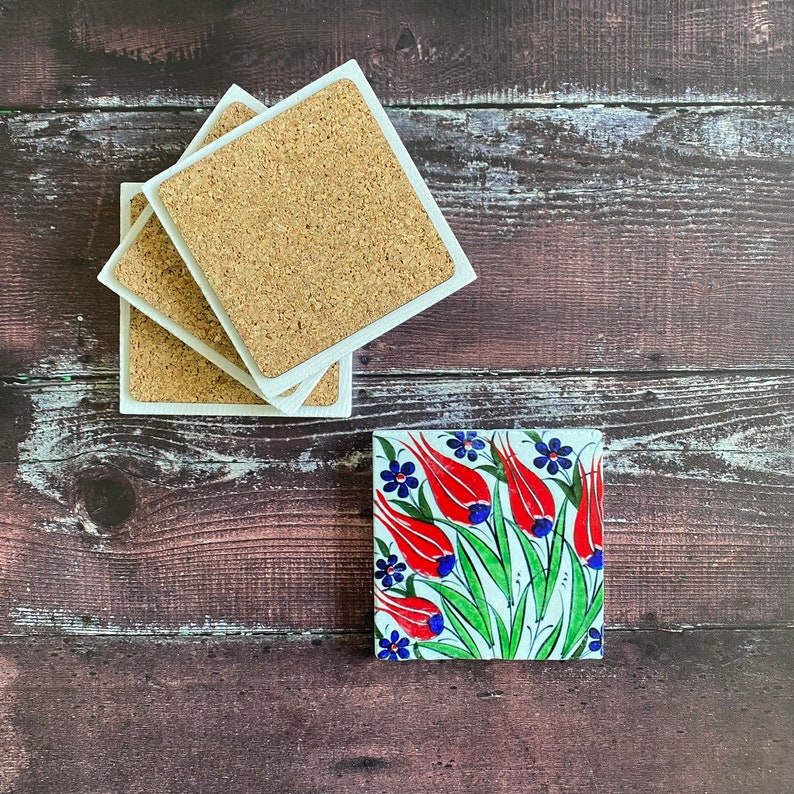 Blue Tile Stone Drink Coasters, Mexican Talavera, Moroccan Tile, Tile ...