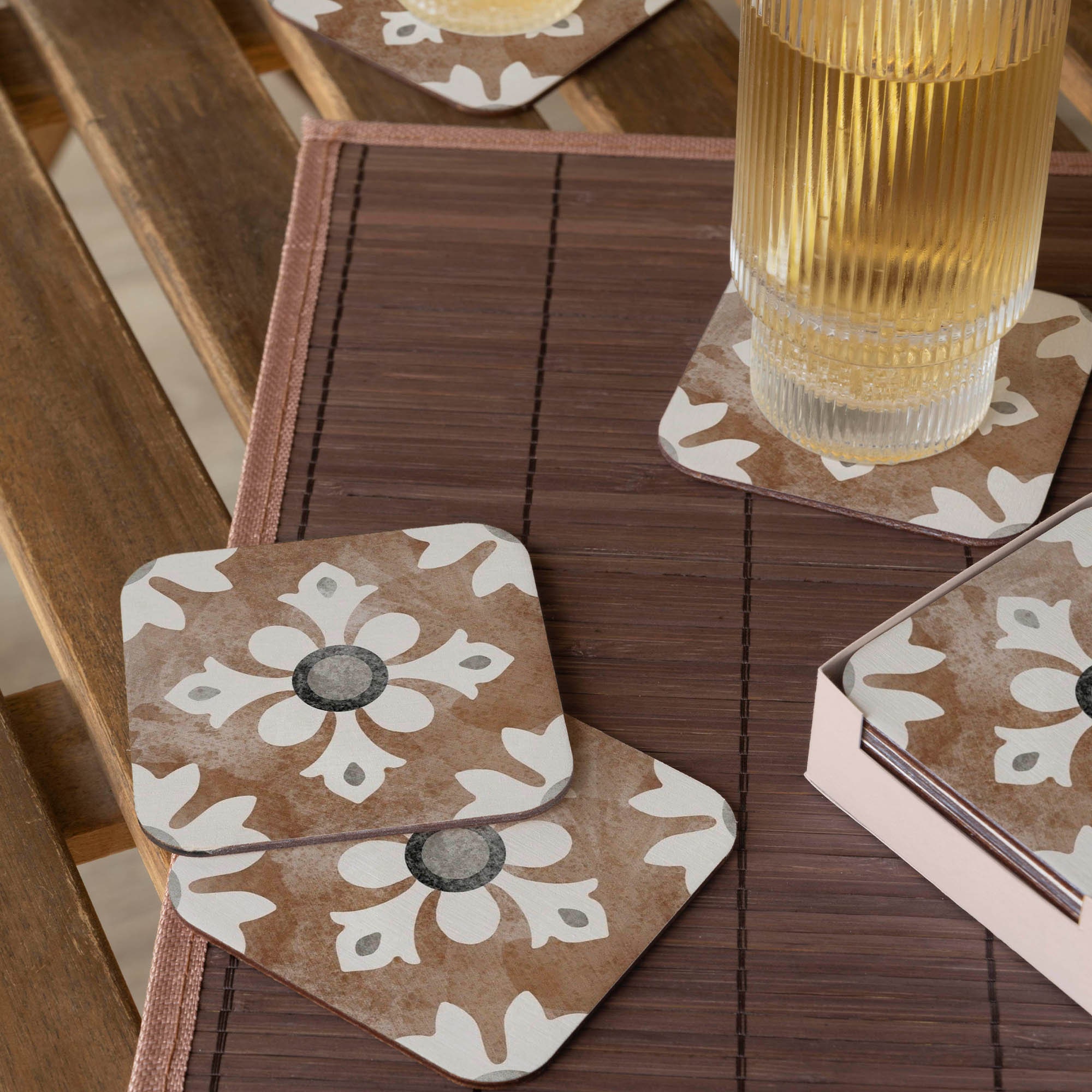 Beige Tile Stone Coaster Set, Mexican Talavera Wood Coasters, Moroccan ...