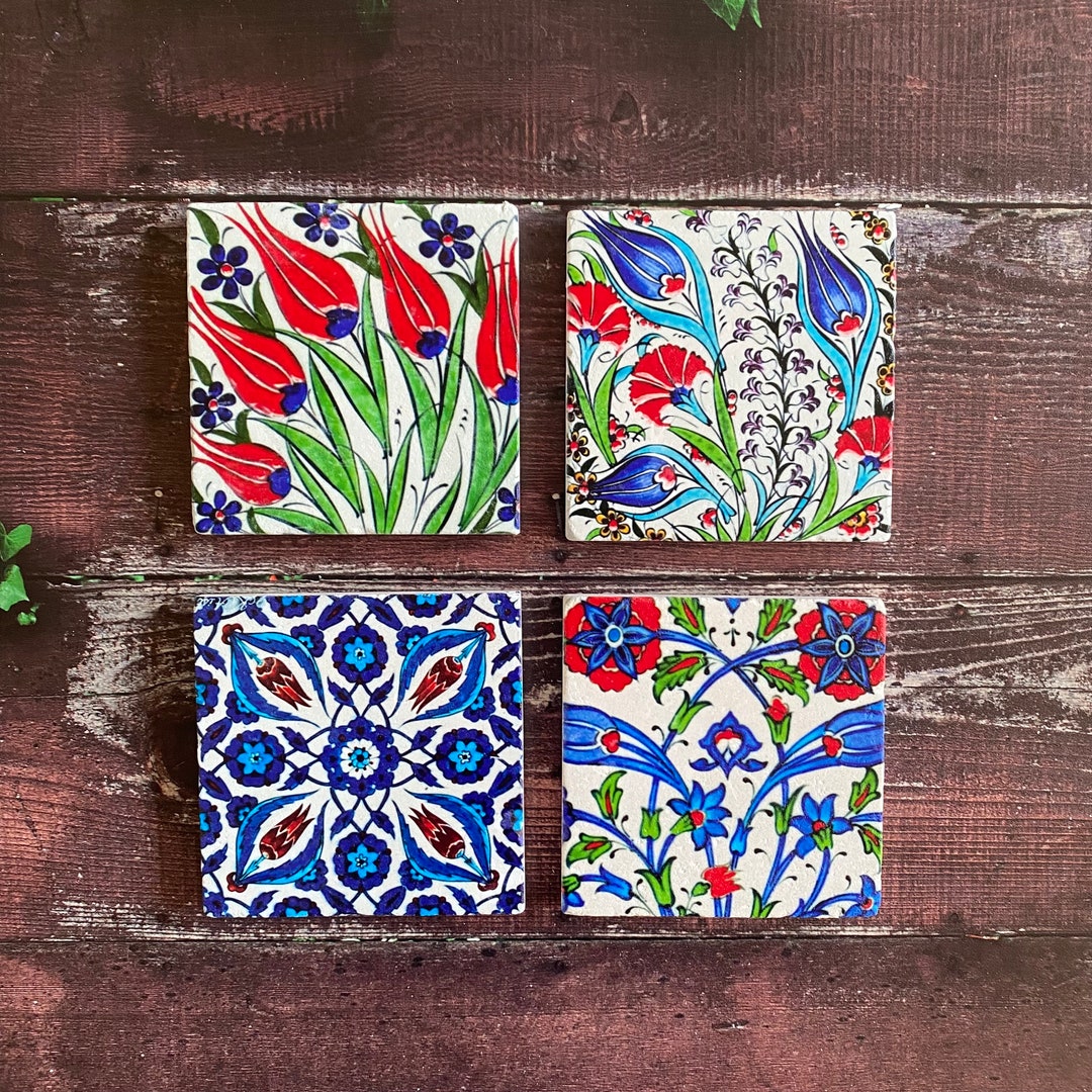 Blue Tile Stone Drink Coasters, Mexican Talavera, Moroccan Tile, Tile ...