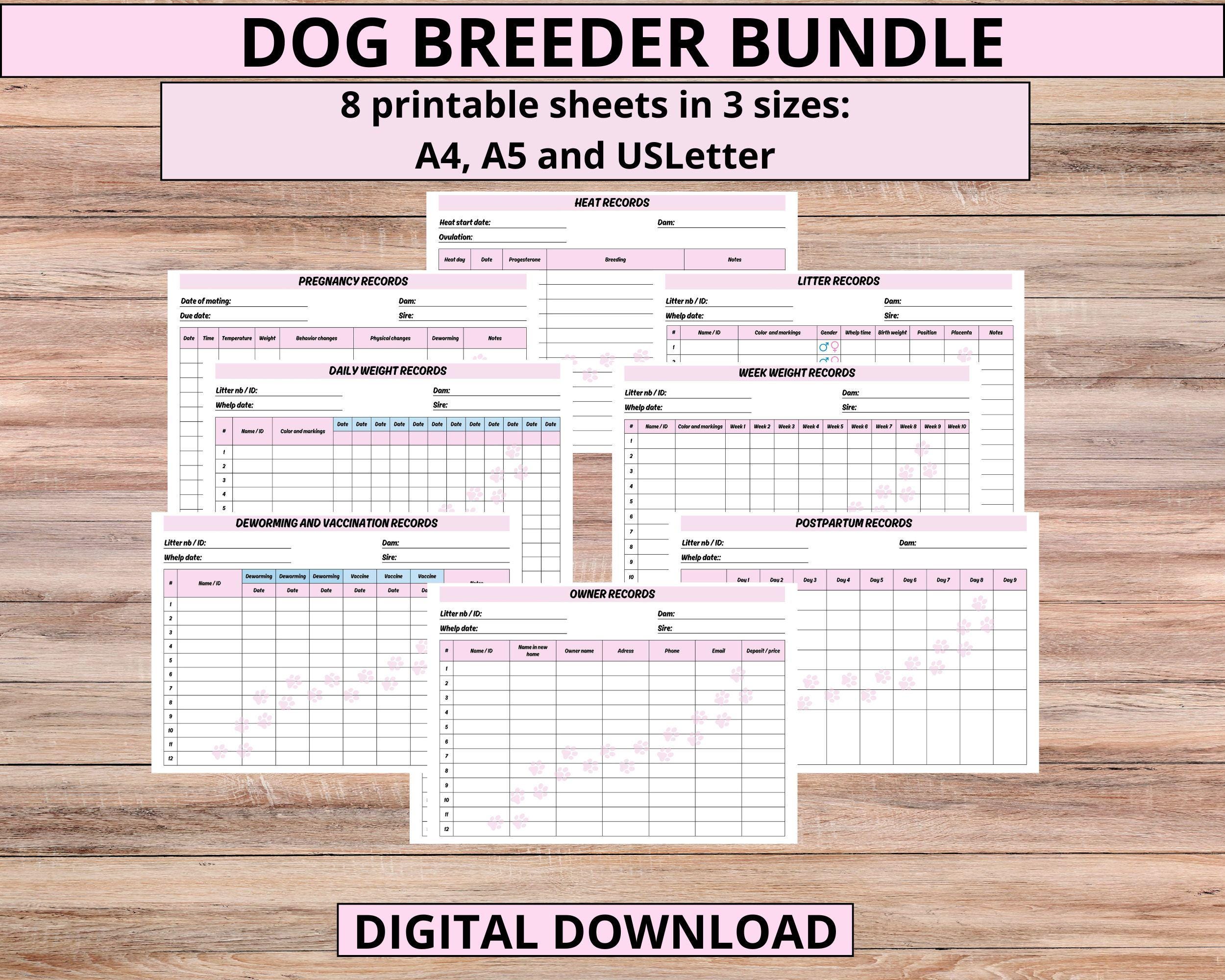 Dog Breeder Bundle, Litter Records, Puppy Weight Tracker, Heat Records ...