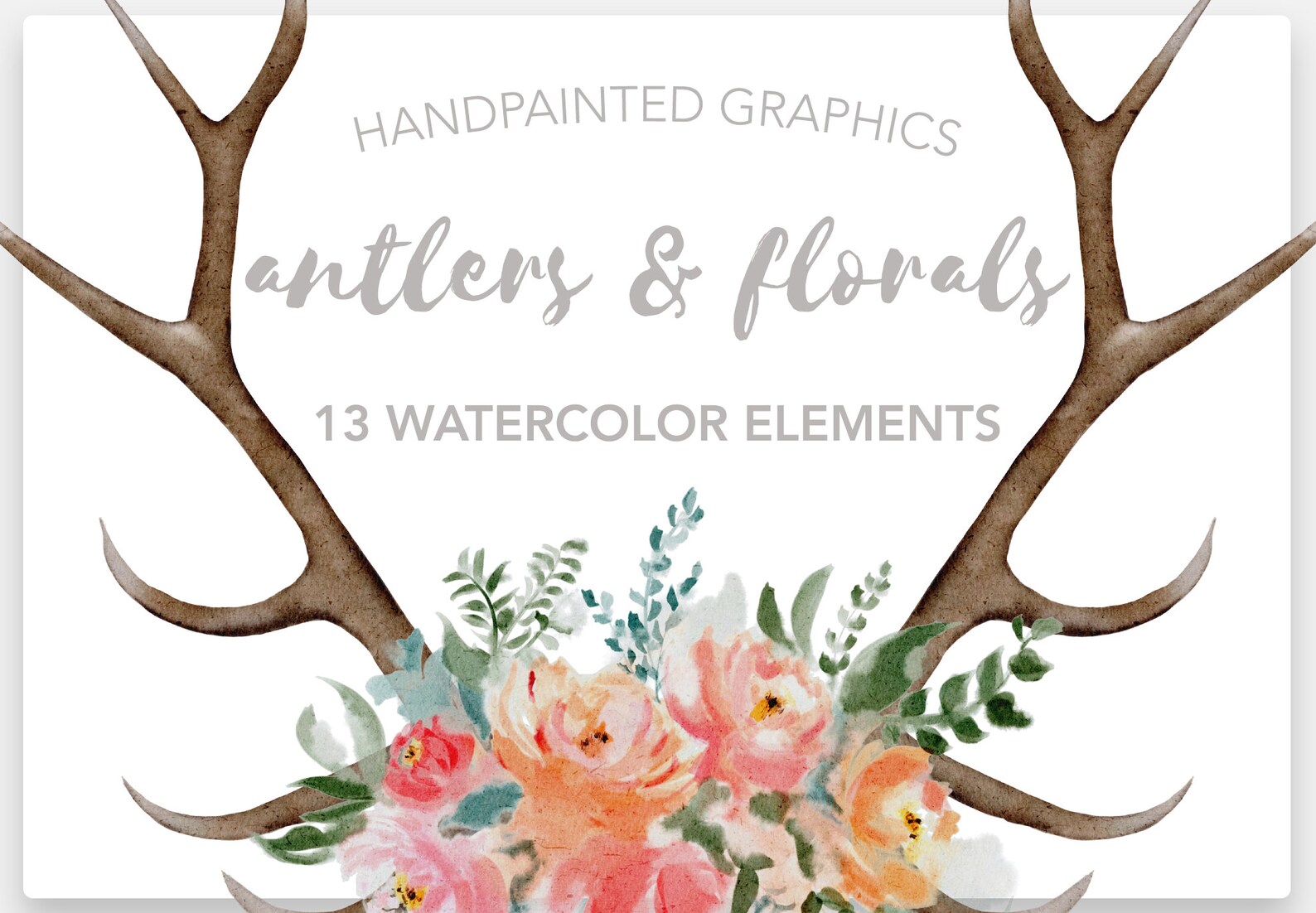 FLORAL ANTLER Clipart, Commercial Use, Muted Florals, Antler Floral ...