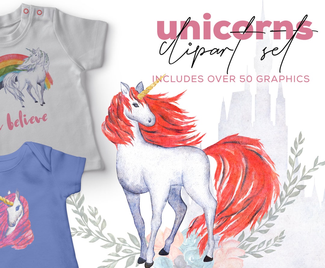 WATERCOLOR UNICORN CLIPART, Commercial Use Floral Graphics, Magic ...