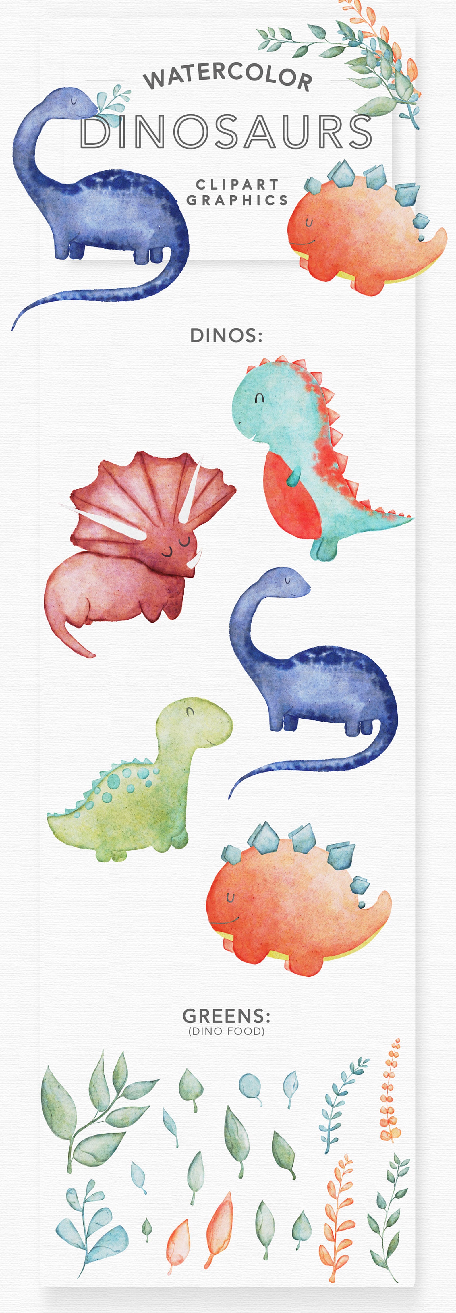WATERCOLOR DINOSAUR CLIPART, Commercial Use Watercolor Clipart, Dino ...