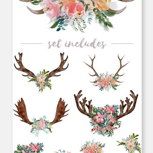 FLORAL ANTLER Clipart, Commercial Use, Muted Florals, Antler Floral ...