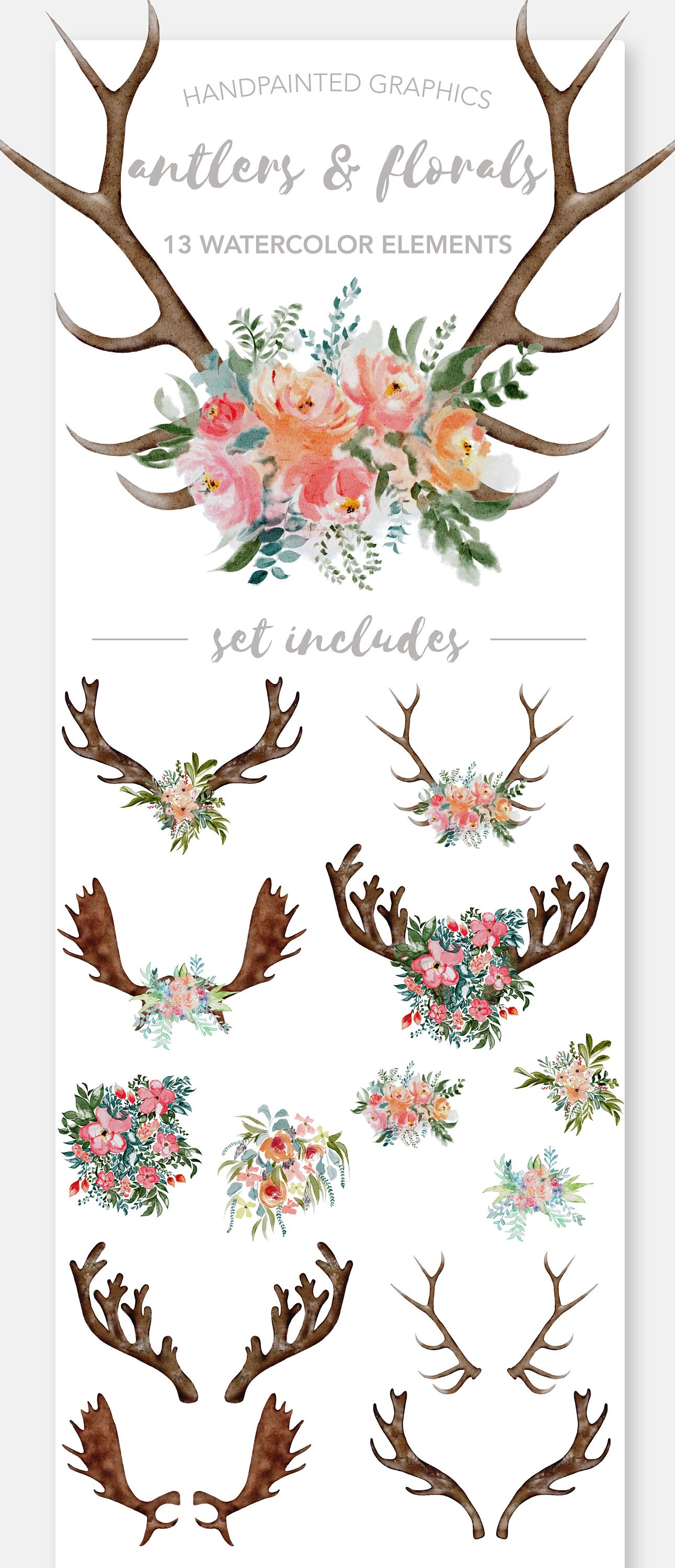 FLORAL ANTLER Clipart, Commercial Use, Muted Florals, Antler Floral ...