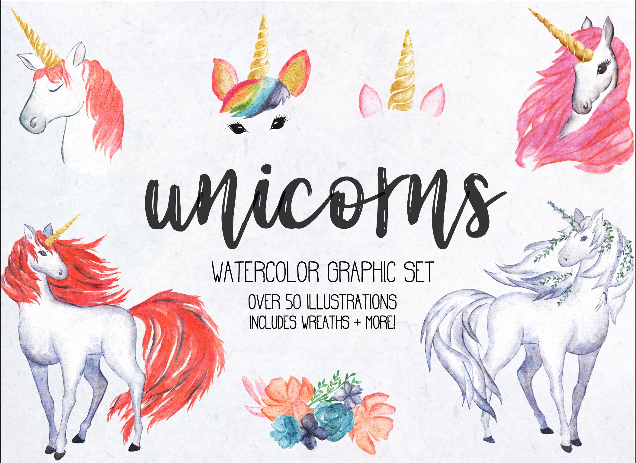 WATERCOLOR UNICORN CLIPART, Commercial Use Floral Graphics, Magic ...