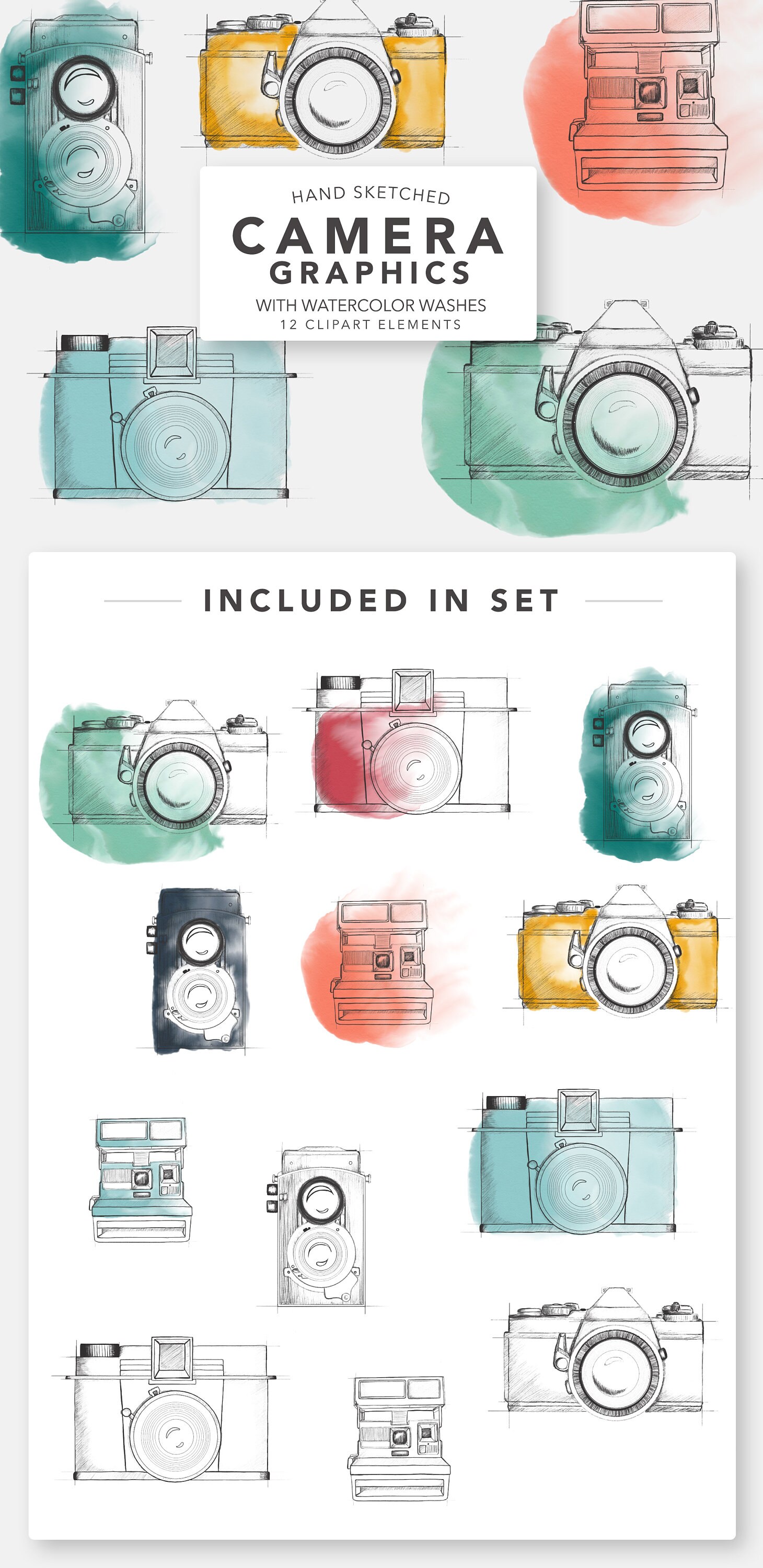 WATERCOLOR CAMERA CLIPART Branding Kit, Commercial Use, Sketched ...