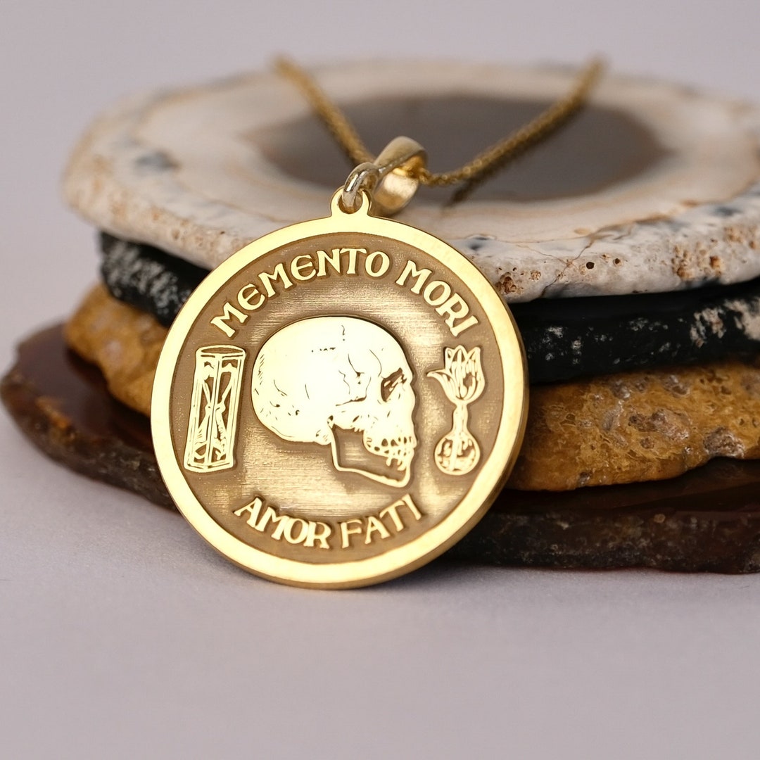 14K Solid Gold Memento Mori Necklace, Memento Mori Amor Fati Gold ...