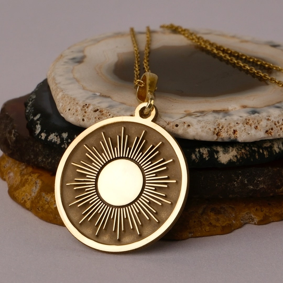 14K Gold Sunburst Necklace, Sun Pendant, Celestial Necklace, Sun Charm ...