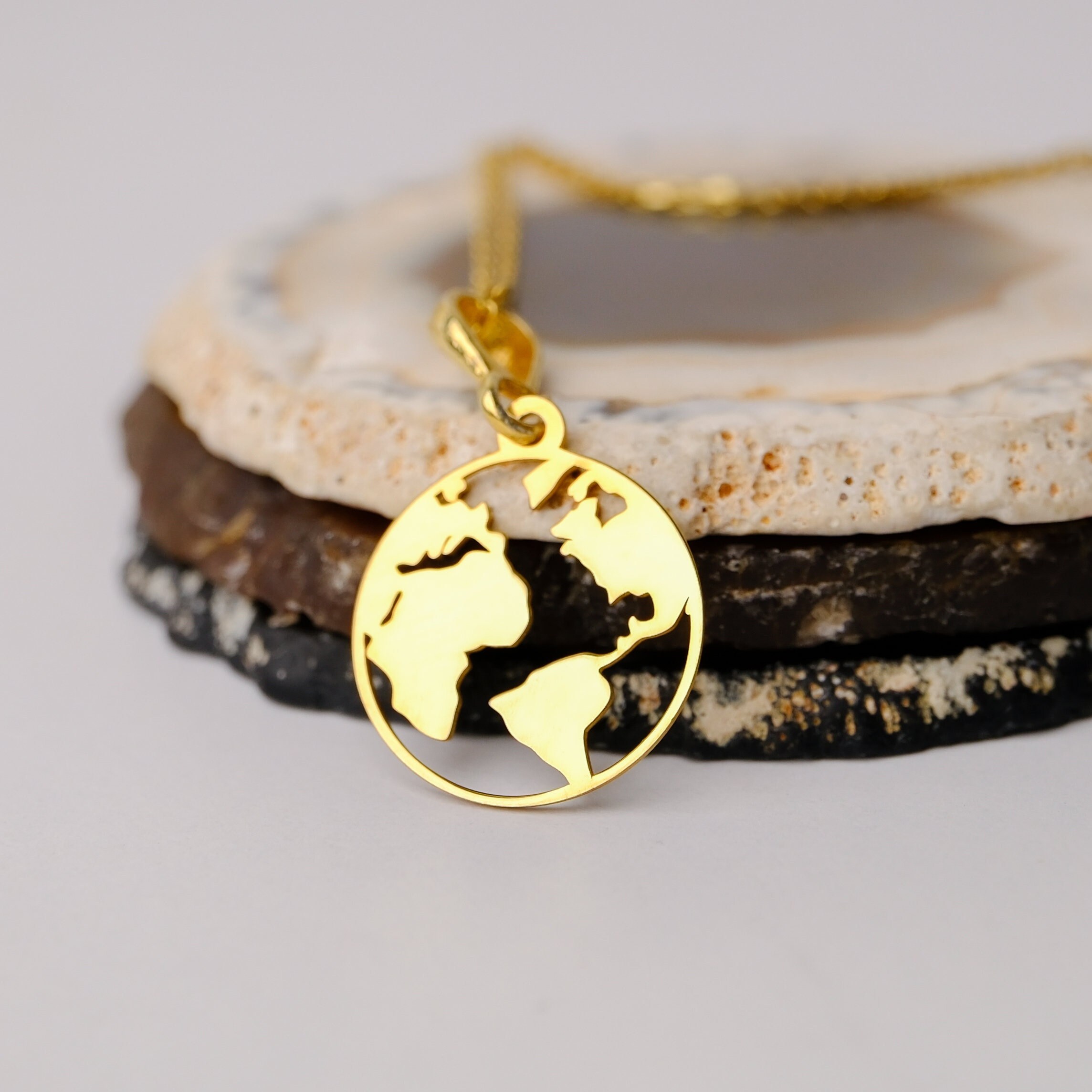 14K Solid Gold World Map Necklace, Globetrotter Necklace, Earth ...