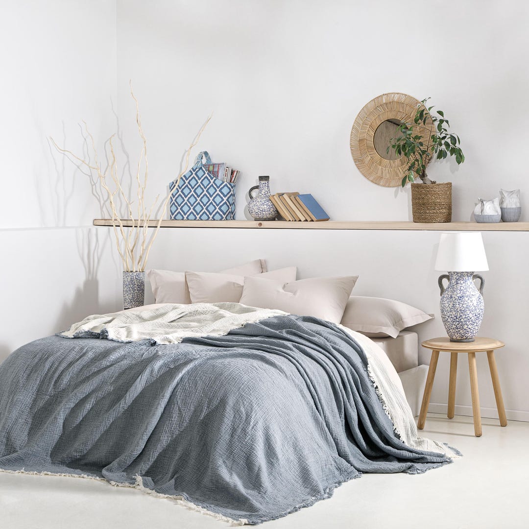 Tria Mulier ‘oil Blue’ Luxury 100% Organic Cotton Muslin Bedspread ...