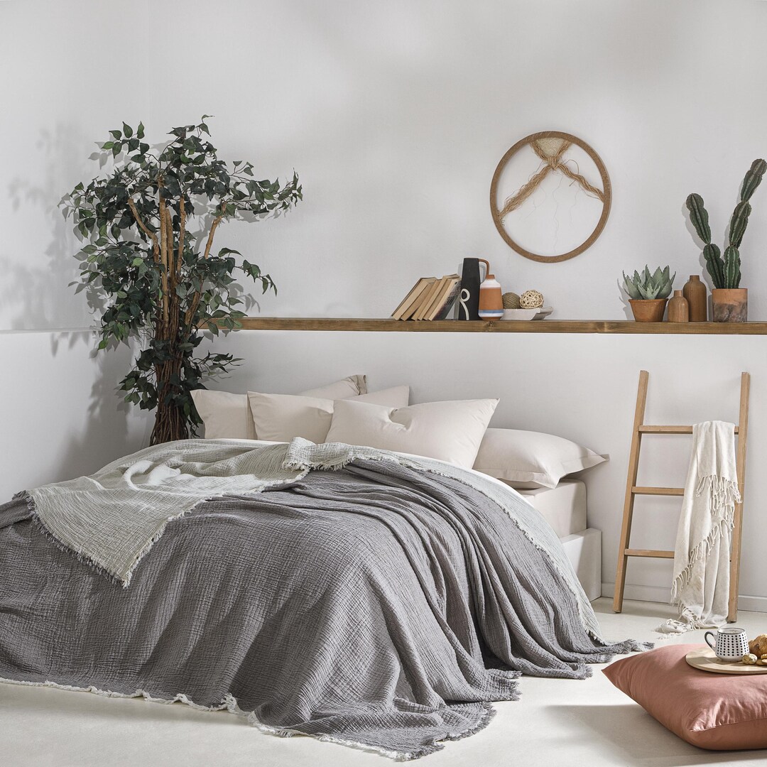 Tria Mulier Anthracite Grey 100% Organic Cotton Muslin Blanket, Luxury ...