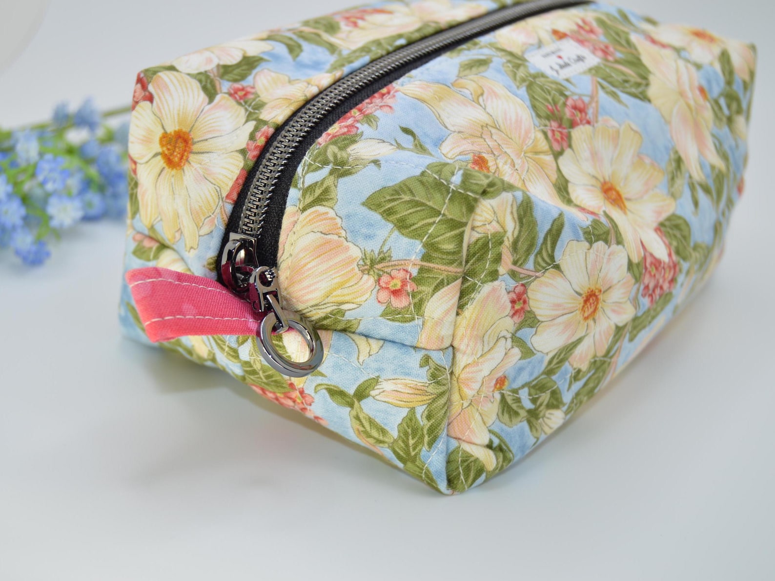 Blue Floral Fabric, Dopp Bag, Boxy Zipper Bag, Toiletries Bag, Cosmetic ...