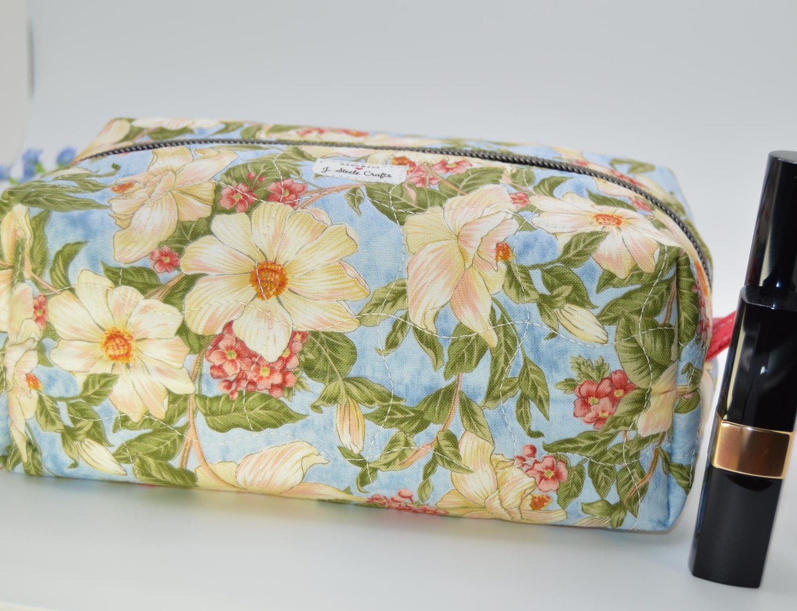 Blue Floral Fabric, Dopp Bag, Boxy Zipper Bag, Toiletries Bag, Cosmetic ...