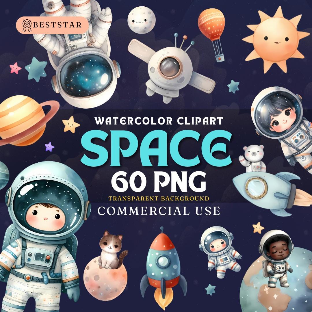 Space Watercolor Clip Art, Cute Astronaut , Planets Clip Art, Rockets ...