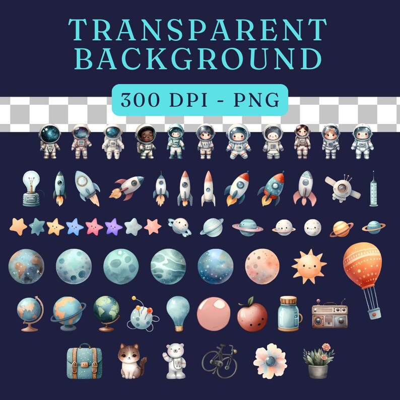 Watercolor Space Clip Art, Astronauts, Planets, Rockets (PNG Digital ...