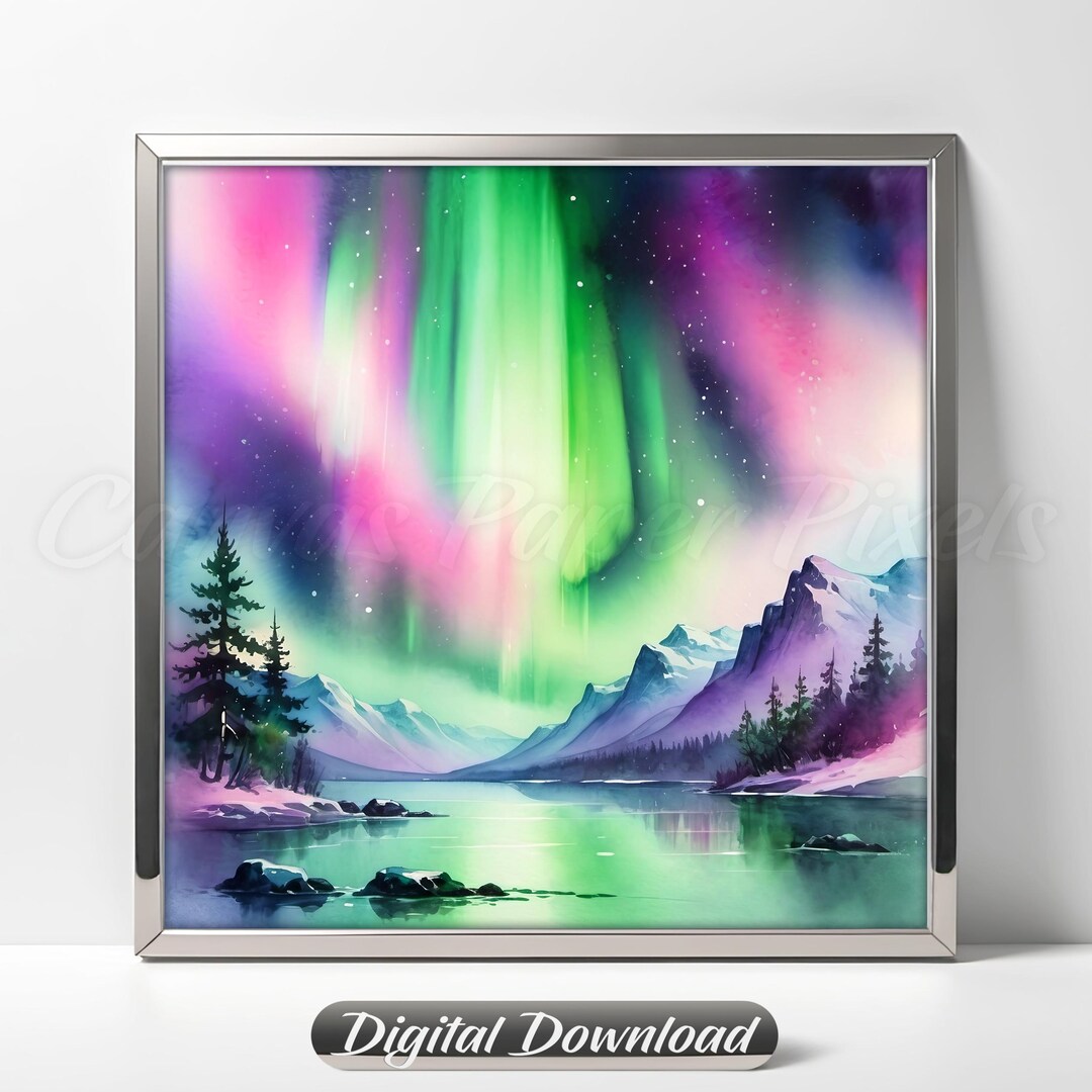 Northern Lights Watercolor Painting, Aurora Borealis, Mountains, Lake ...