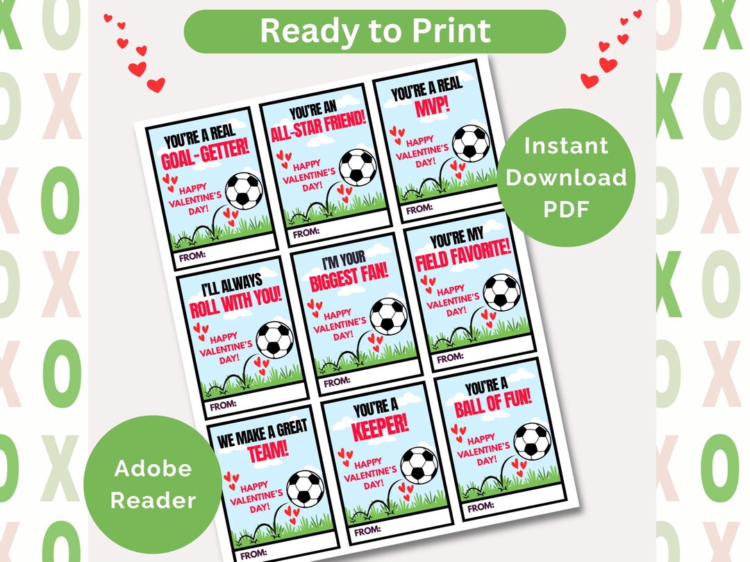 Printable Soccer Valentine's Day Cards, Kids Classroom Valentine's Day ...