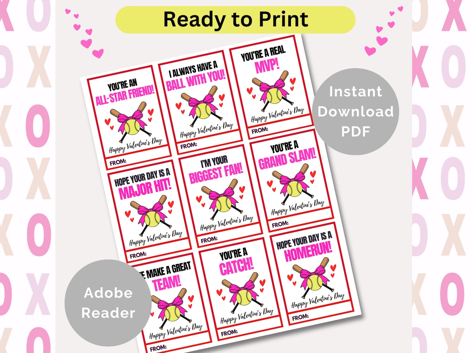 Printable Softball Valentine's Day Cards, Kids Classroom Valentine's Day Card With Softball ...