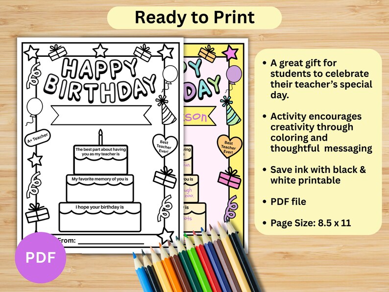 Printable Teacher Birthday Coloring Card, Teacher Birthday Gift, Happy ...
