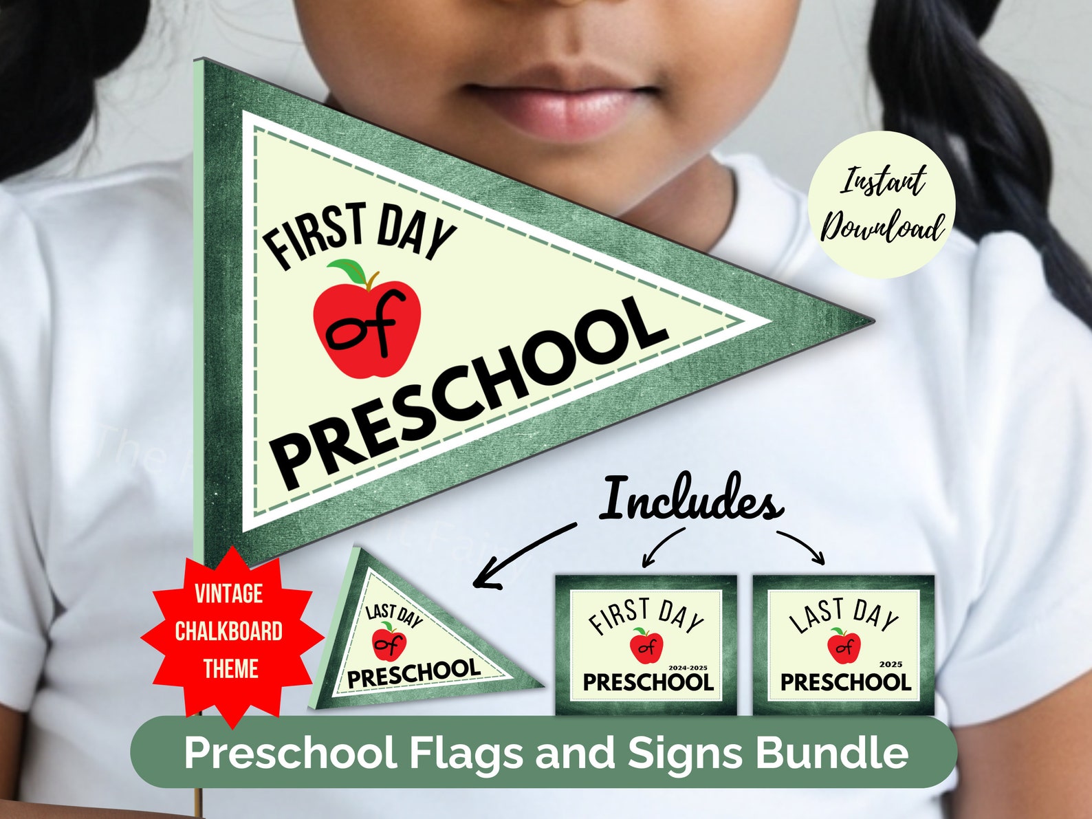 First Day of Preschool Flag, Printable Back to School Pennant Flags ...