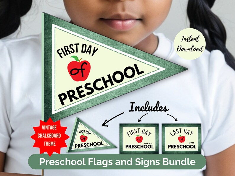 First Day of Preschool Flag, Printable Back to School Pennant Flags ...