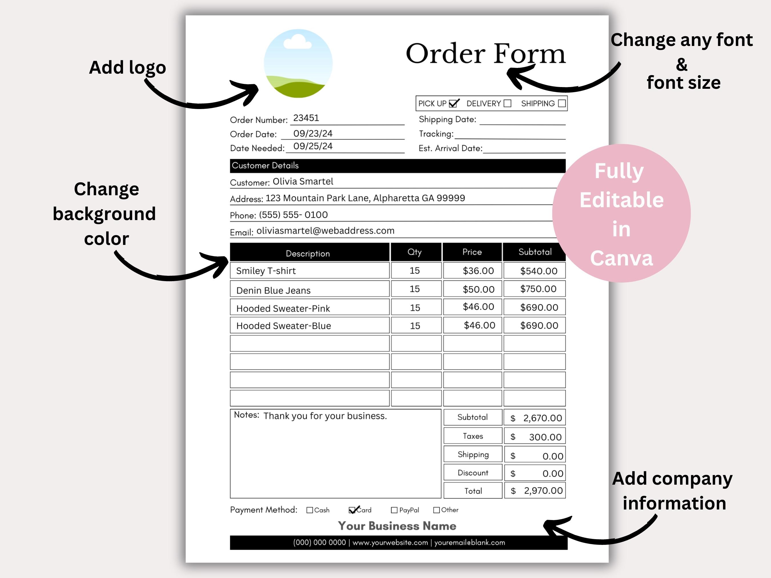 Order Form for Small Business, Business Template, Order Form Template ...