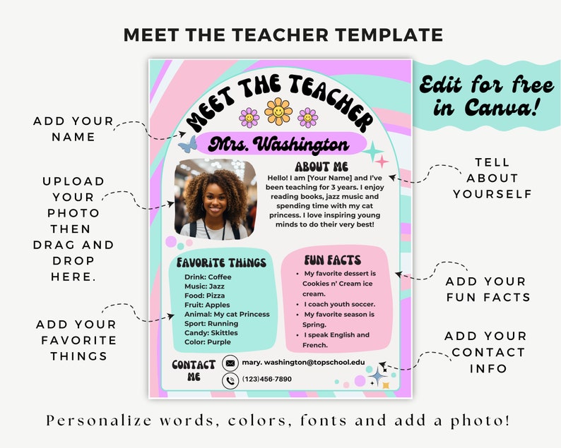 Editable Meet the Teacher Template, Retro Groovy Pastel Canva, Canva ...
